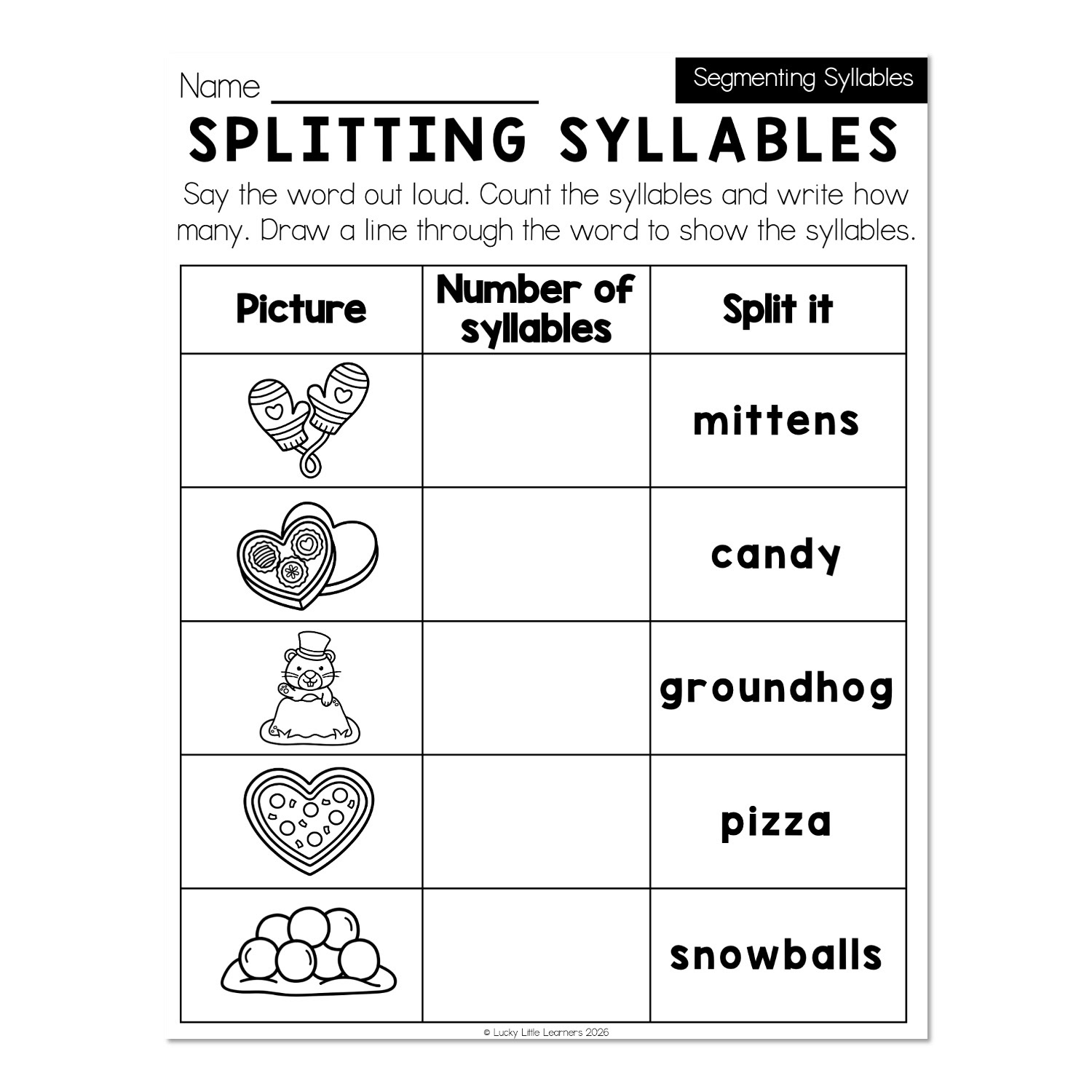 Kindergarten Monthly Worksheets - February Syllables - Splitting ...