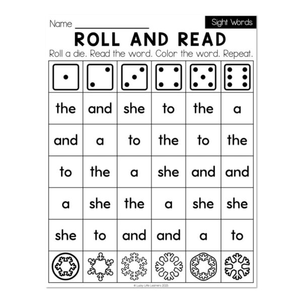 Kindergarten Monthly Worksheets - January Sight Words - Roll and Read ...