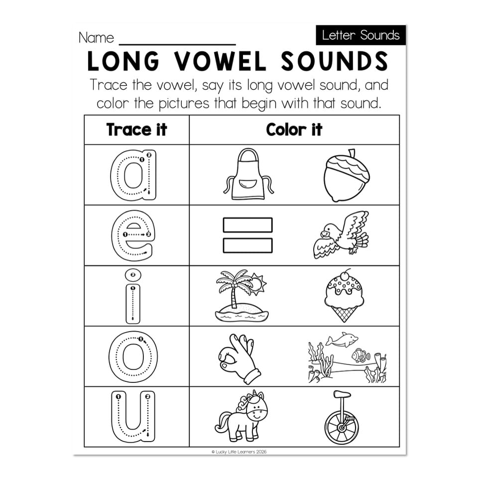 Kindergarten Monthly Worksheets - March Letter Sounds - Long Vowel ...