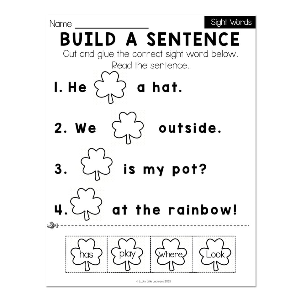 Kindergarten Monthly Worksheets - March Sight Words - Build a Sentence ...