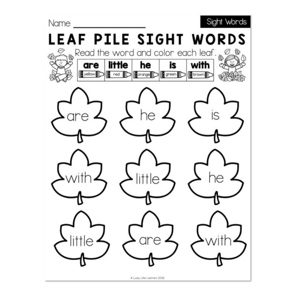 Kindergarten Monthly Worksheets - November Sight Words - Leaf Pile ...