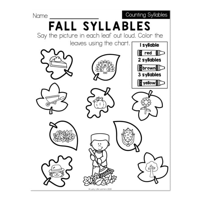 Kindergarten Monthly Worksheets - November Syllables - Fall Syllables ...