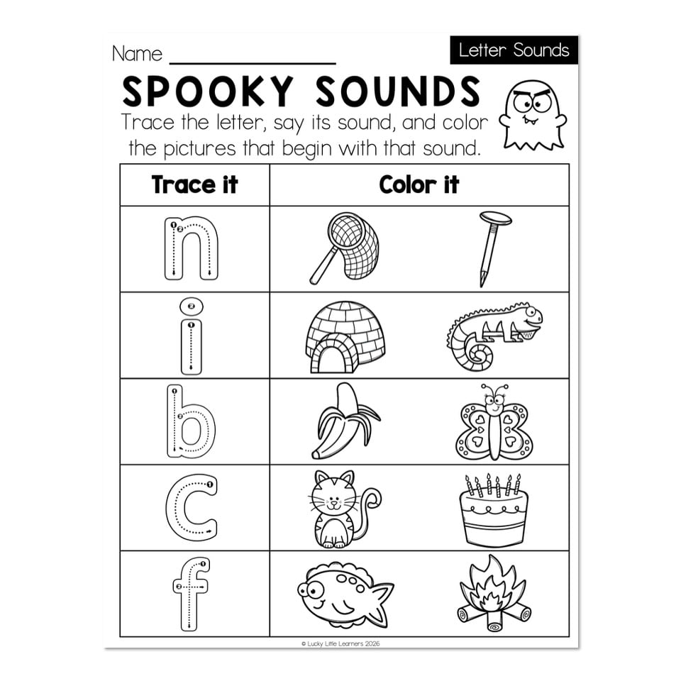 Kindergarten Monthly Worksheets - October Letter Sounds - Spooky Words ...