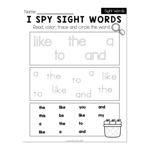 Kindergarten Monthly Worksheets - September Sight Words - I Spy Sight ...