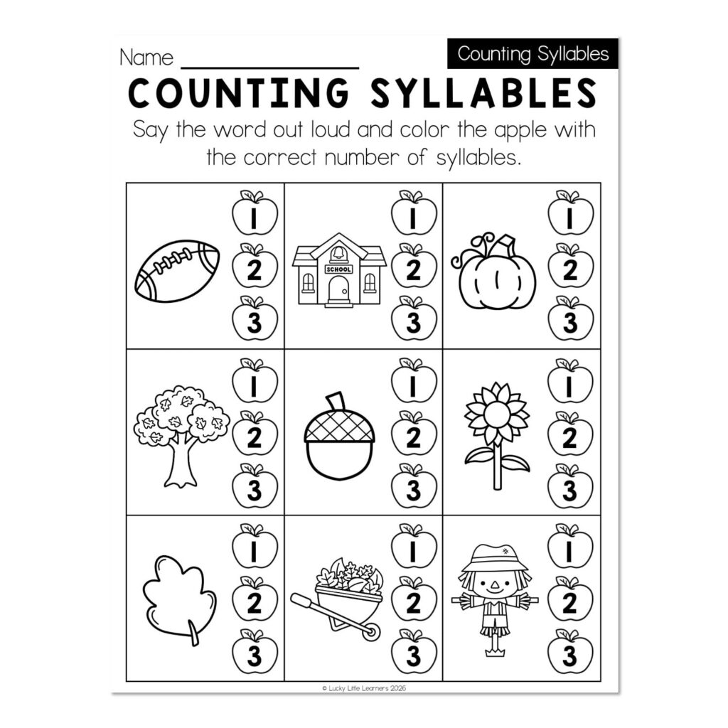 Kindergarten Monthly Worksheets - September Syllables - Counting ...