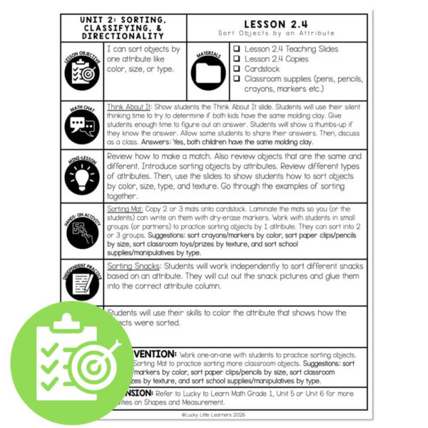 Lucky to Learn Math - Kindergarten - Lesson 2.4 - Sort Objects by ...