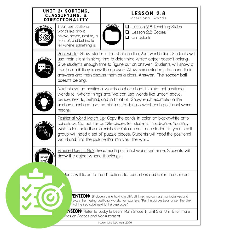 Lucky to Learn Math - Kindergarten - Lesson 2.8 - Positional Words ...