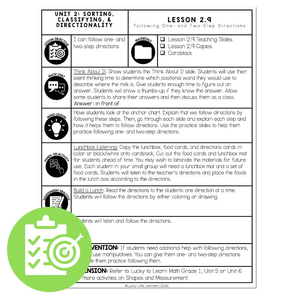 Lucky to Learn Math - Kindergarten - Lesson 2.9 - Following 1 and 2 ...