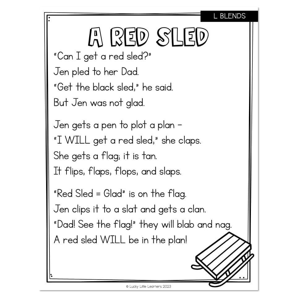 Lucky to Learn Phonics - Beginning L Blends - Phonics Poem - A Red Sled ...