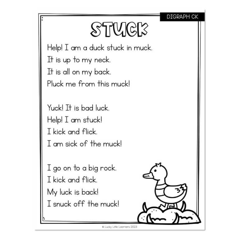 Lucky to Learn Phonics - Digraph CK - 1st Grade Phonics Poem - Stuck ...