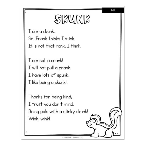 Lucky to Learn Phonics - Nasals - NK - 1st Grade Phonics Poem - Skunk ...