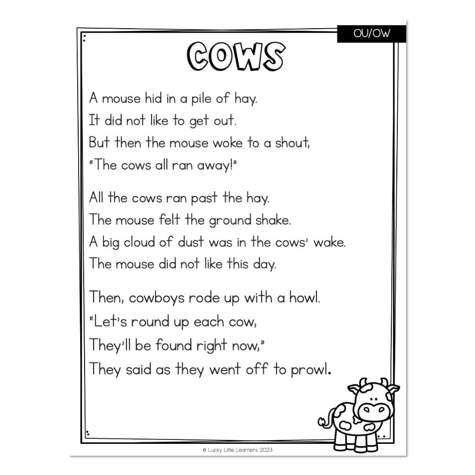 Lucky to Learn Phonics - Other Vowels - Diphthongs - OU OW Phonics Poem ...