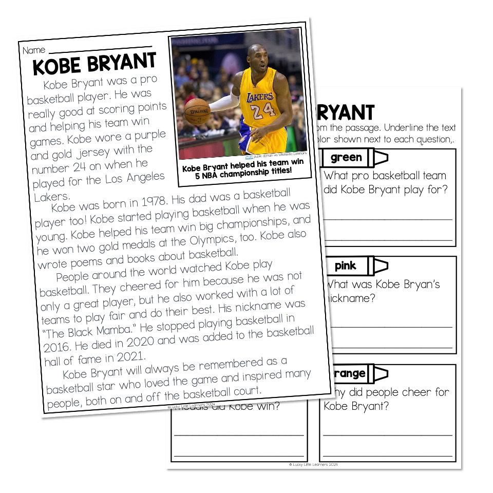 Nonfiction Reading Passage - Biography - Kobe Bryant - Lucky Little ...