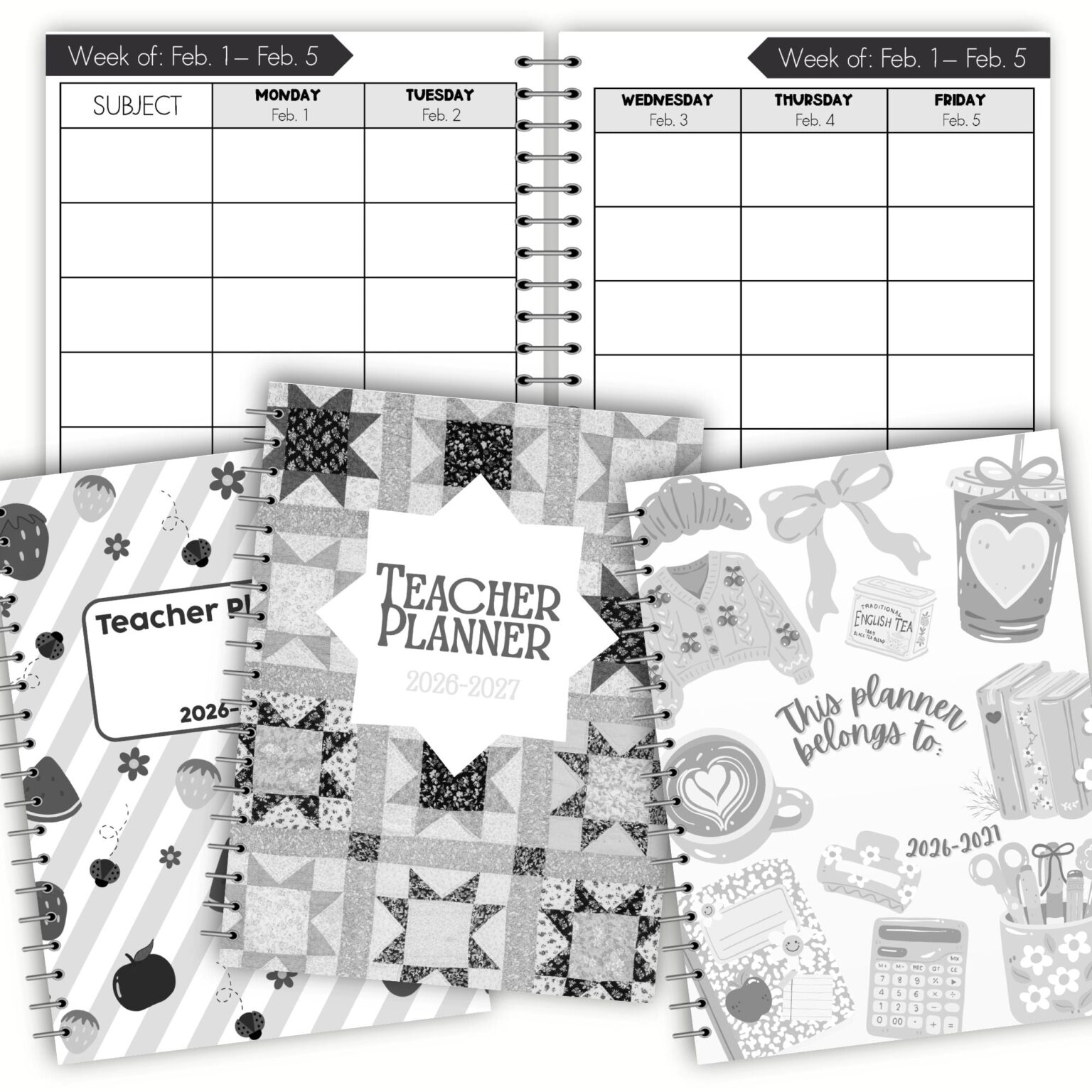 Teacher Planner - Version 2 - Days Across the Top - Black and White ...