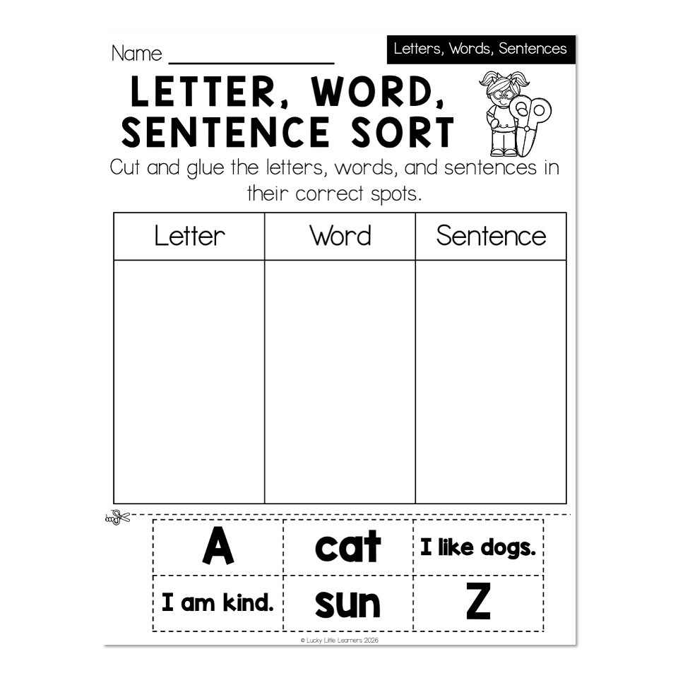 Kindergarten Monthly Worksheets – August Sentence Work - Letter Word ...