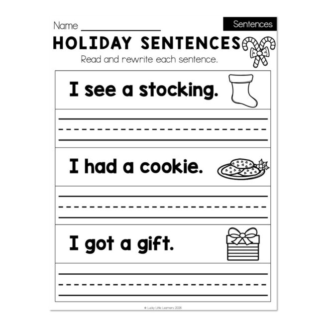 Kindergarten Monthly Worksheets – December Sentence Work - Holiday ...