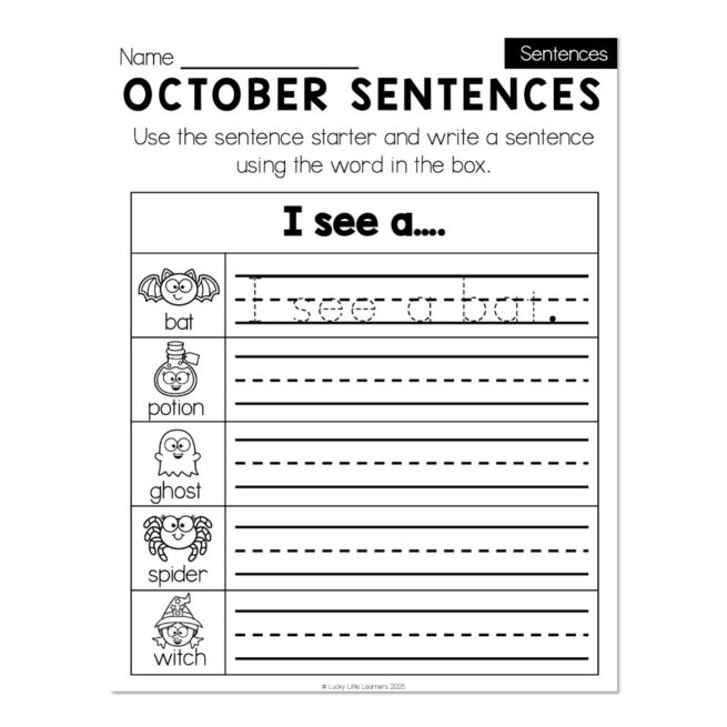 Kindergarten Monthly Worksheets – October Sentence Work - October ...