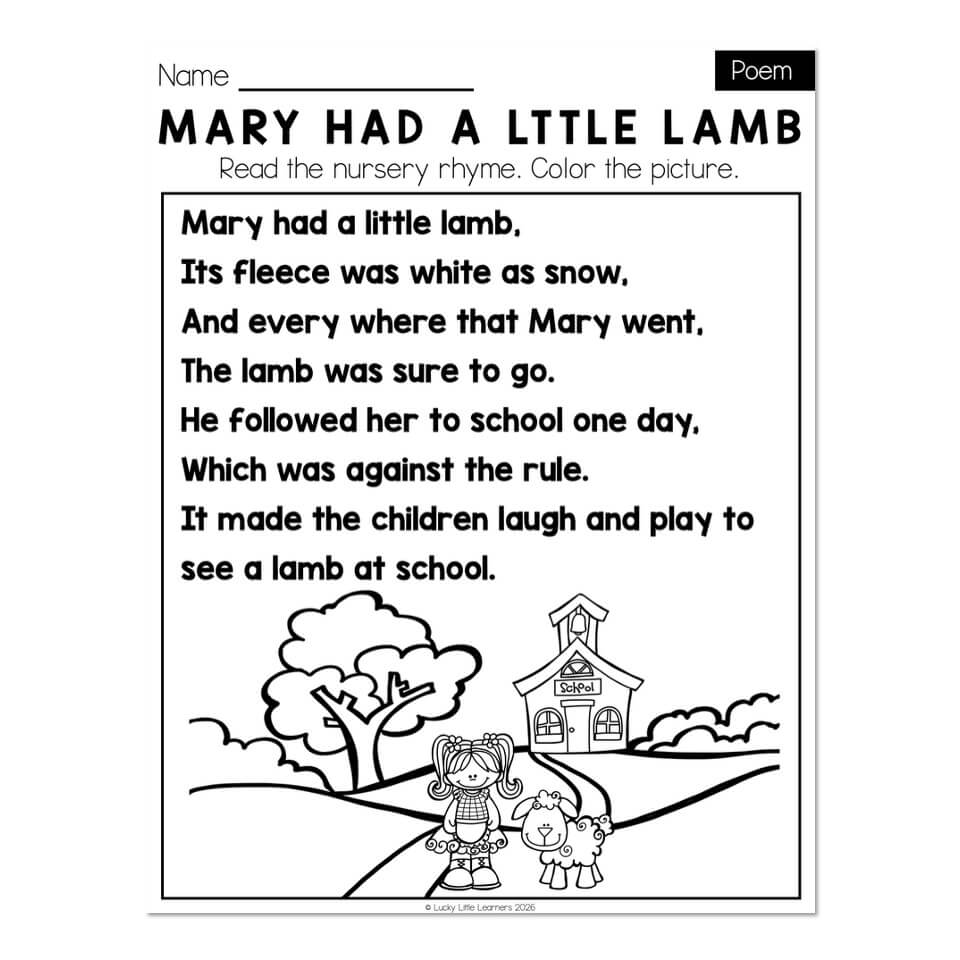 Kindergarten Monthly Worksheets - Poems Nursery Rhymes - March - Mary ...