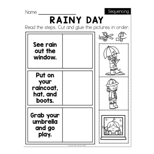 Kindergarten Monthly Worksheets - Sequencing - April - Rainy Day ...