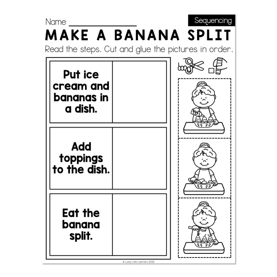 Kindergarten Monthly Worksheets - Sequencing - February - Make a Banana ...