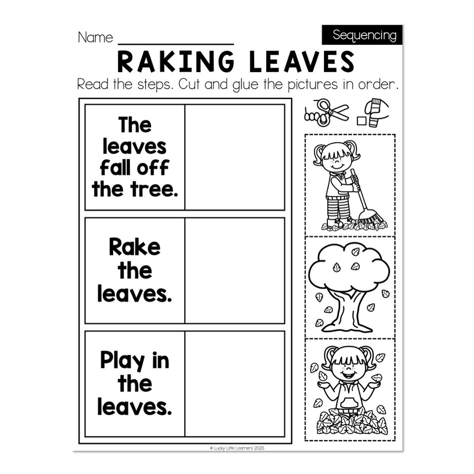Kindergarten Monthly Worksheets - Sequencing - November - Raking Leaves ...
