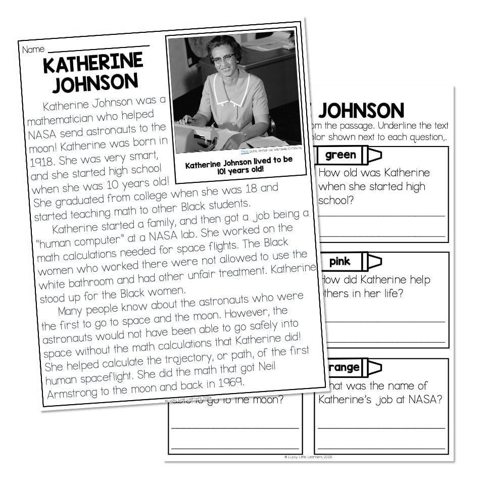 Nonfiction Reading Passage - Biography - Katherine Johnson - Lucky ...