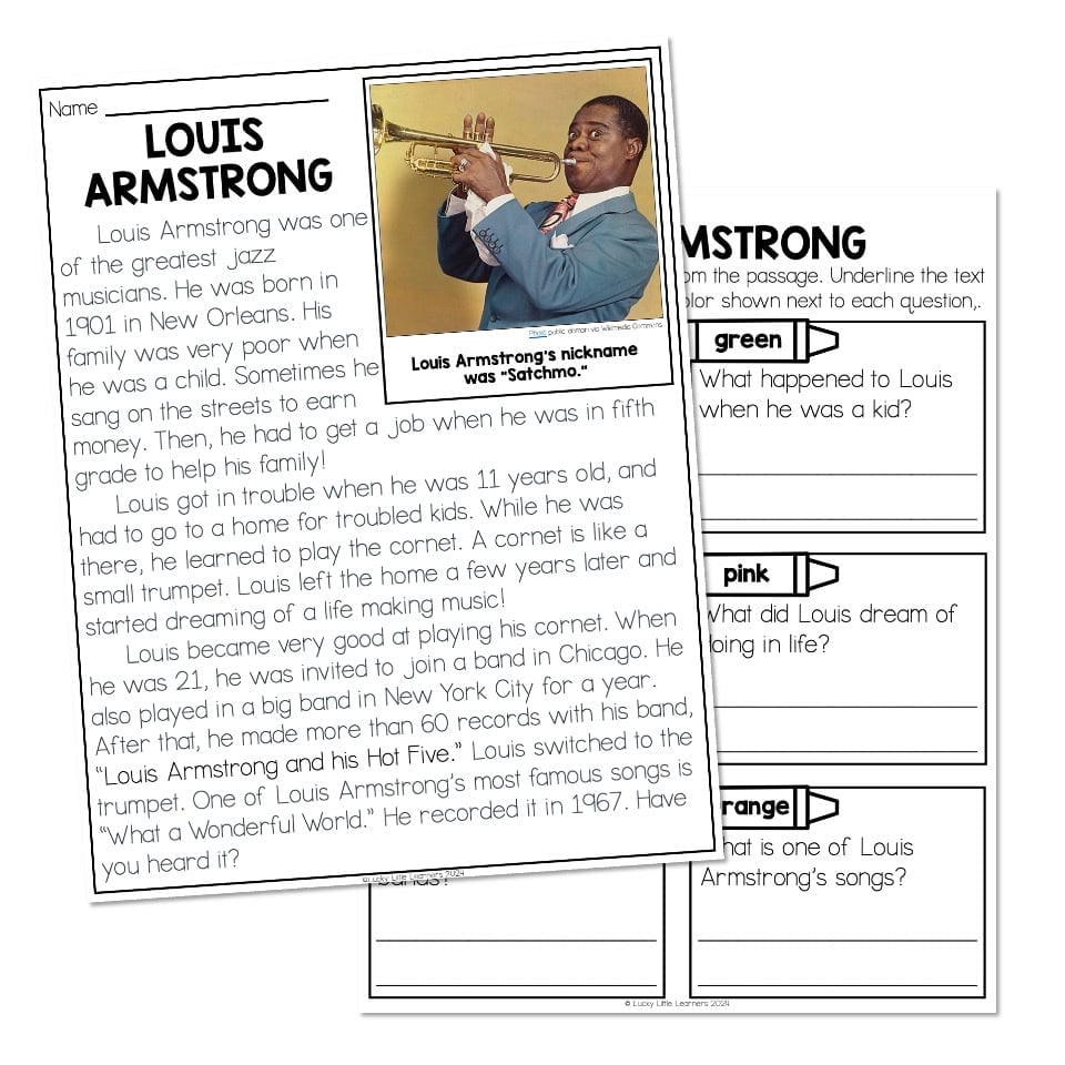Nonfiction Reading Passage - Biography - Louis Armstrong - Lucky Little ...