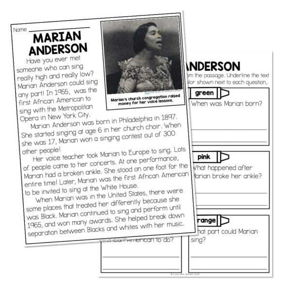 Nonfiction Reading Passage - Biography - Marian Anderson - Lucky Little ...