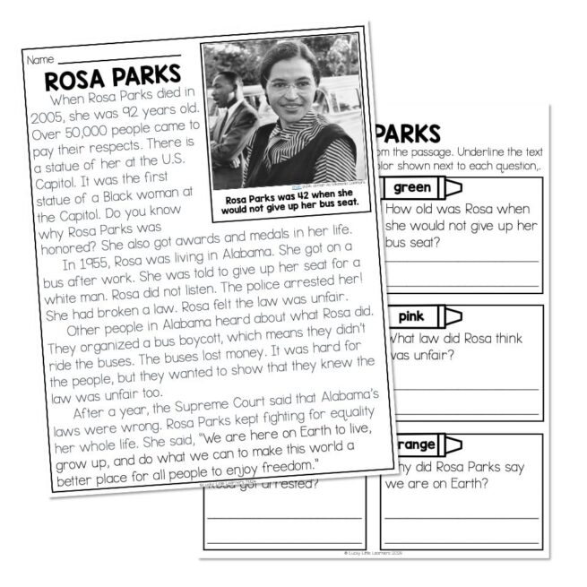 Nonfiction Reading Passage - Biography - Rosa Parks - Lucky Little Learners