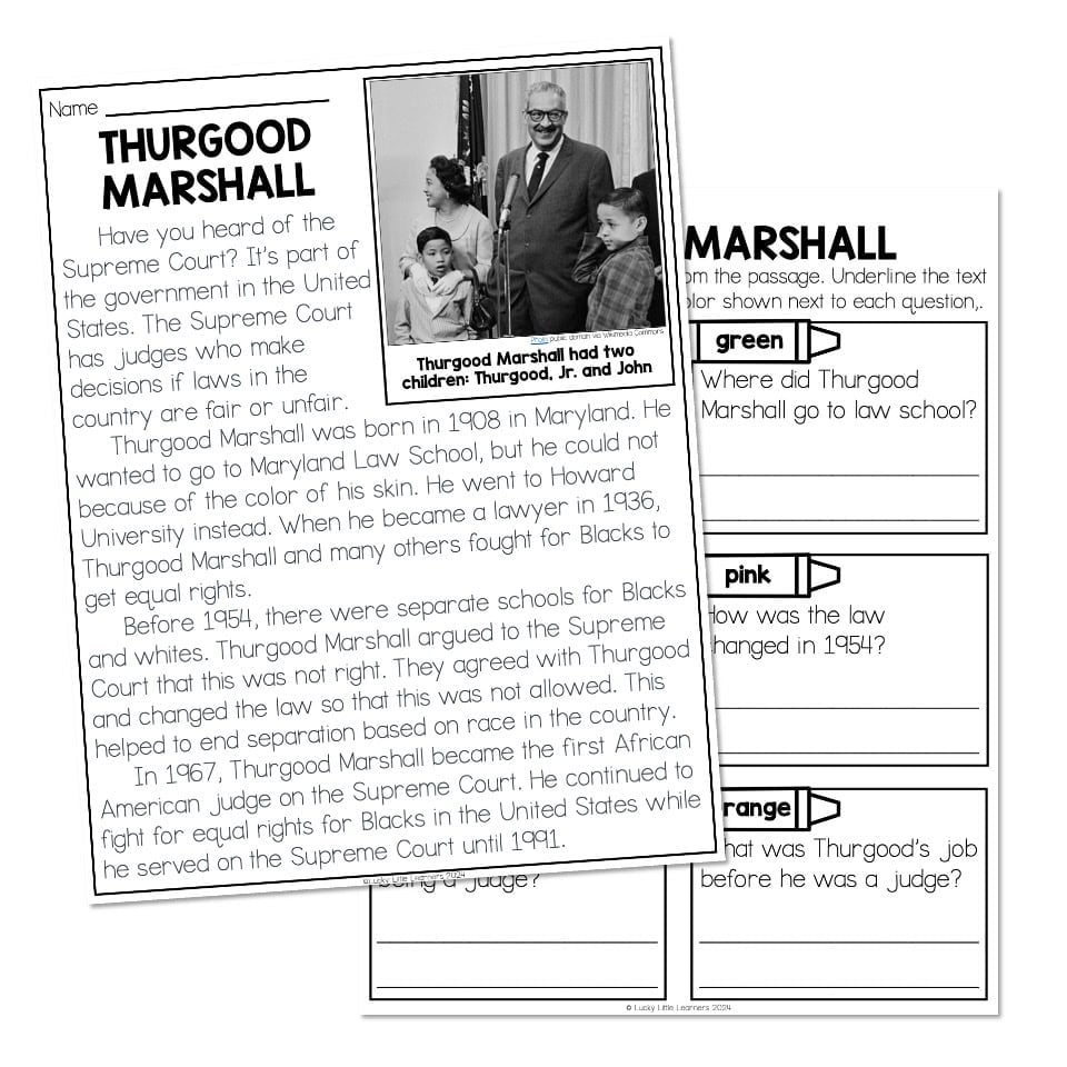 Nonfiction Reading Passage - Biography - Thurgood Marshall - Lucky ...