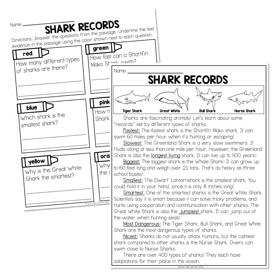 Nonfiction Reading Passage - Shark Records - Lucky Little Learners