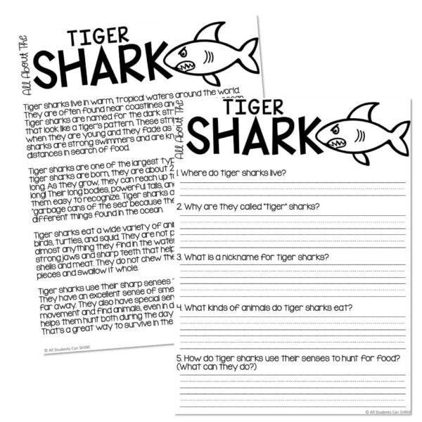 Ocean Animals Unit – Reading Comprehension Pages – Tiger Shark - Lucky ...