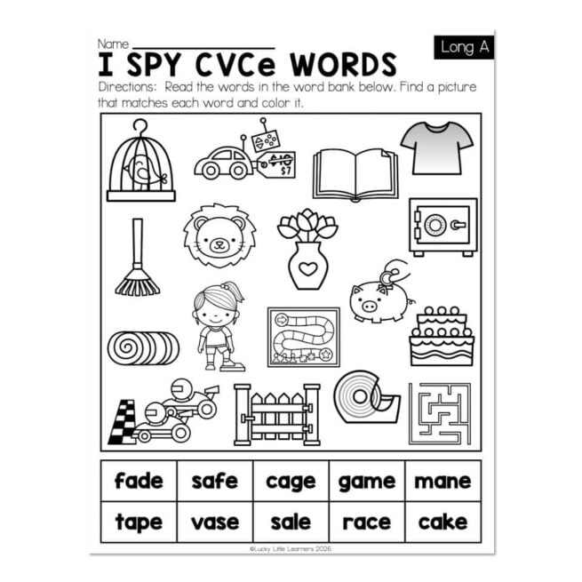 Phonics Activities - Long A - I Spy CVCe Words - Lucky Little Learners