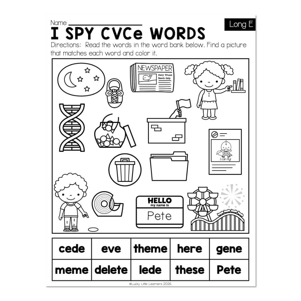 Phonics Activities - Long E - I Spy CVCe Words - Lucky Little Learners
