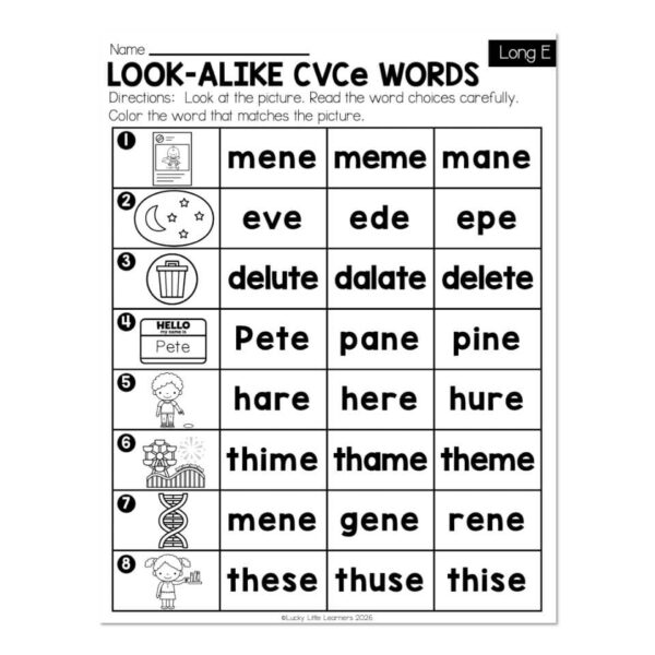 Phonics Activities - Long E - Look-Alike CVCe Words - Lucky Little Learners
