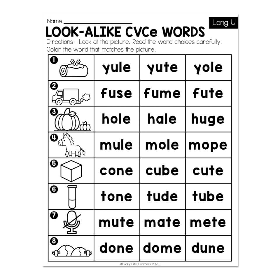 Phonics Activities - Long U - Look-Alike CVCe Words - Lucky Little Learners