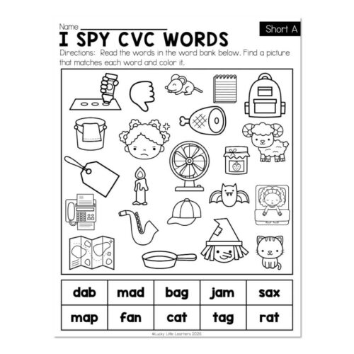 Phonics Activities - Short A - I Spy CVC Words - Lucky Little Learners