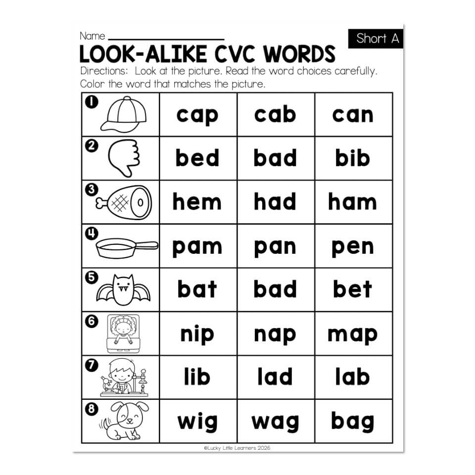 Phonics Activities - Short A - Look-Alike CVC Words - Lucky Little Learners