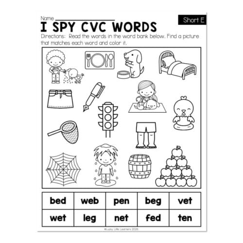 Phonics Activities - Short E - I Spy CVC Words - Lucky Little Learners