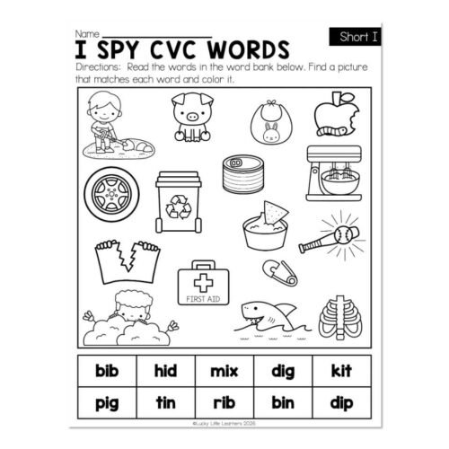 Phonics Activities - Short I - I Spy CVC Words - Lucky Little Learners