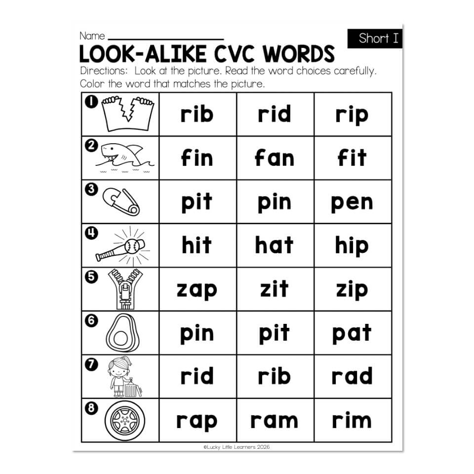 Phonics Activities - Short I - Look-Alike CVC Words - Lucky Little Learners