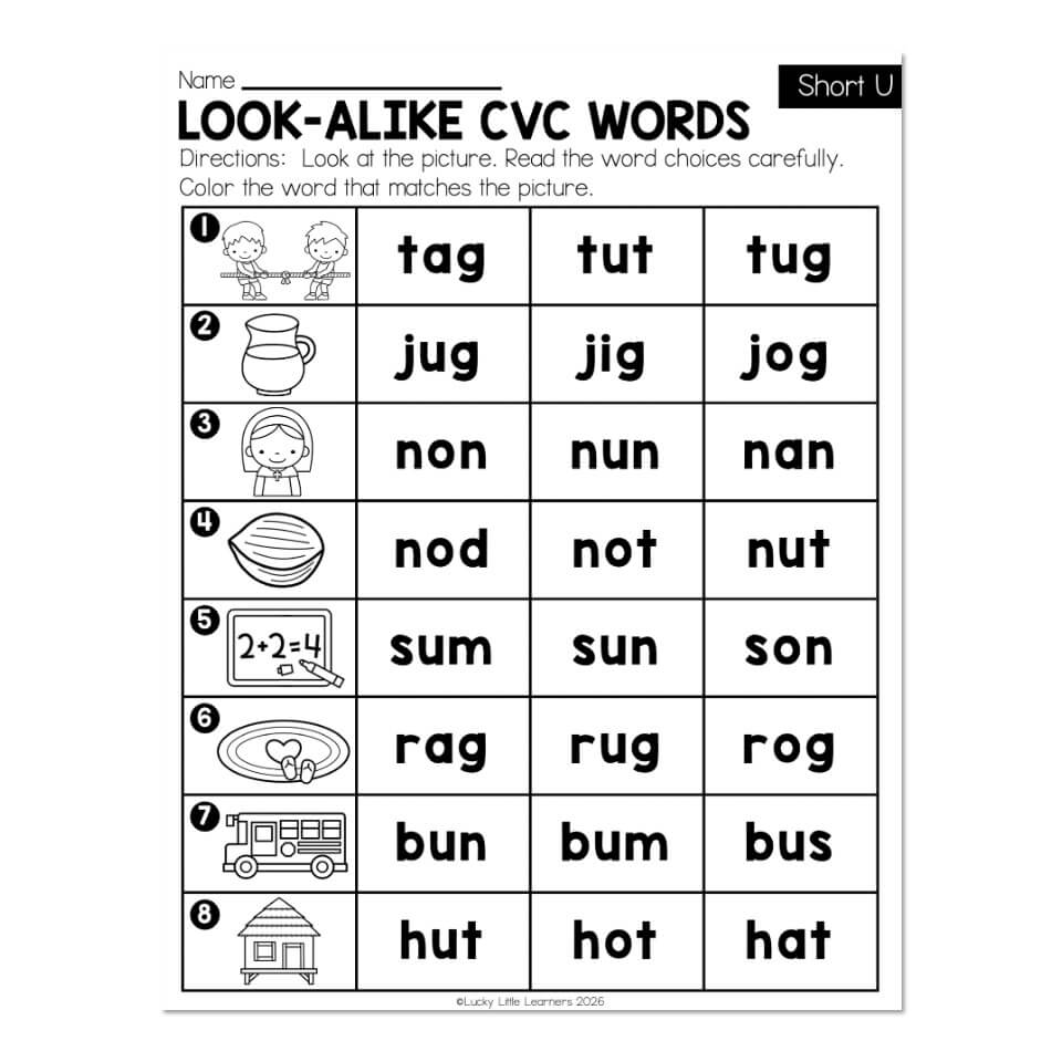 Phonics Activities - Short U - Look-Alike CVC Words - Lucky Little Learners