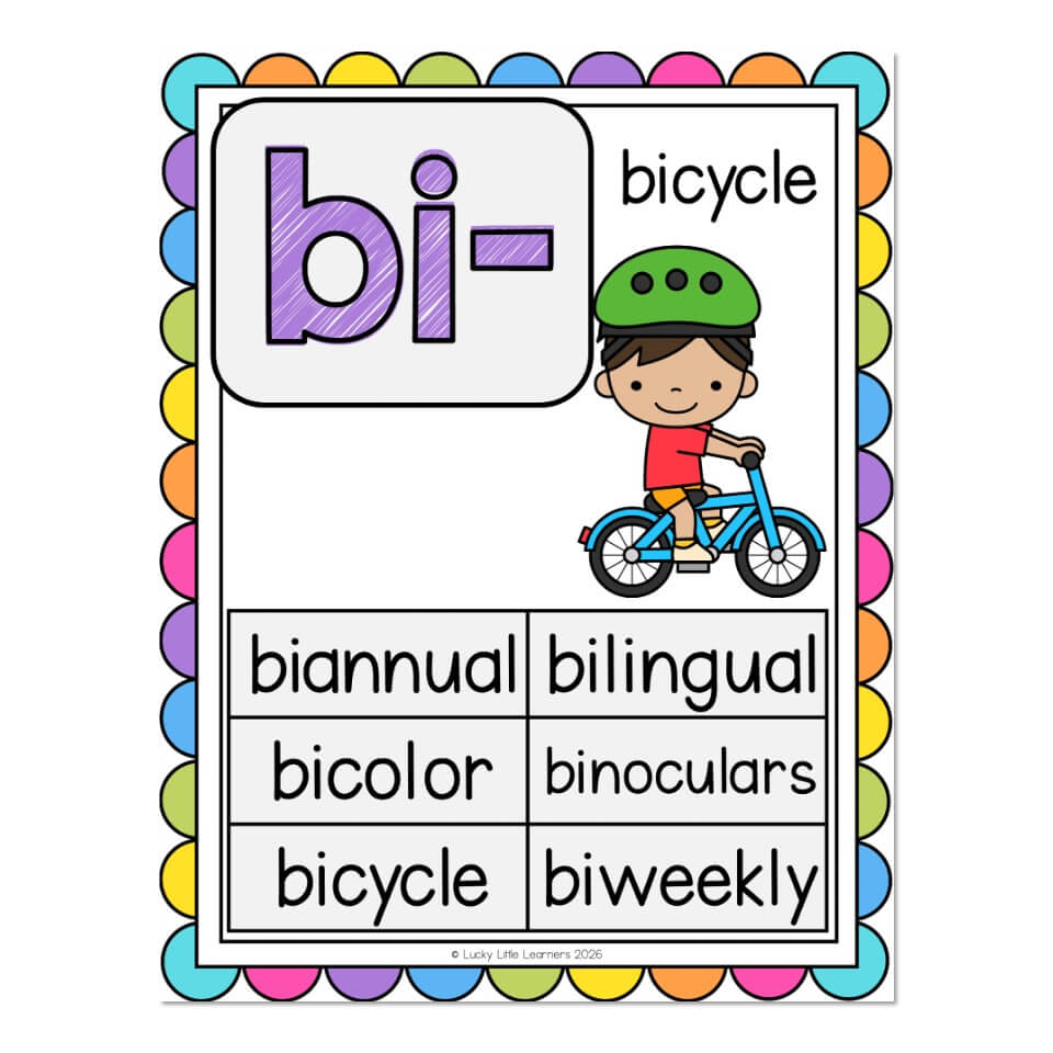 Phonics Posters - Prefix - BI - Lucky Little Learners