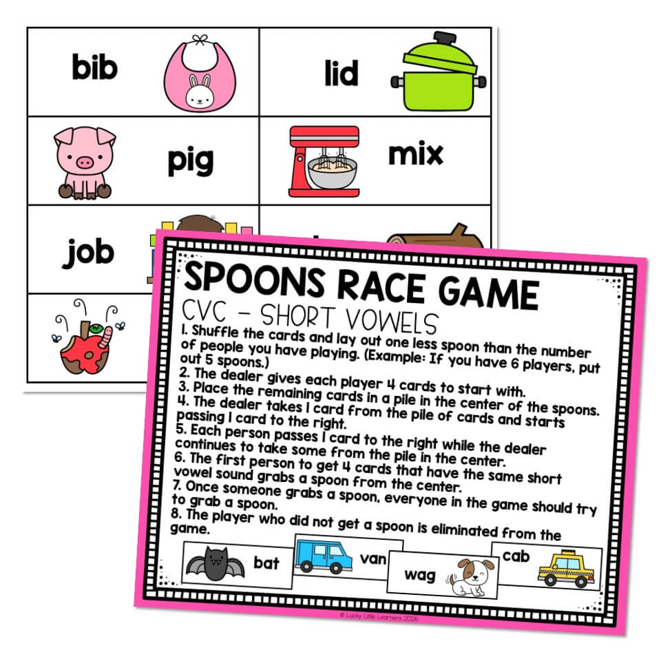 Spoons Race Game - CVC Short Vowel Sounds - Lucky Little Learners