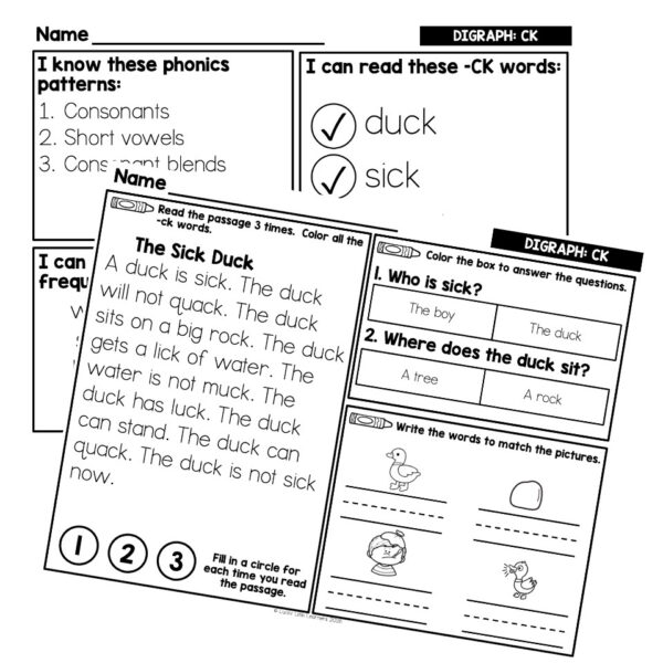 1st Grade Decodable Phonics Passage - Digraph CK - Lucky Little Learners