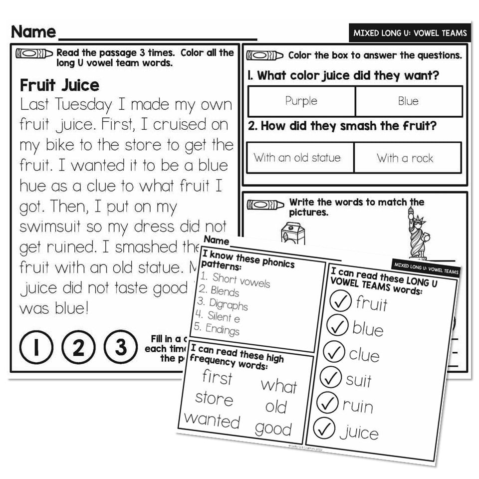 1st Grade Decodable Phonics Passage - Mixed Long U - Vowel Teams ...