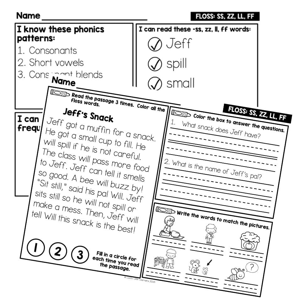 2nd Grade Decodable Phonics Passage - Floss SS ZZ LL FF - Lucky Little ...