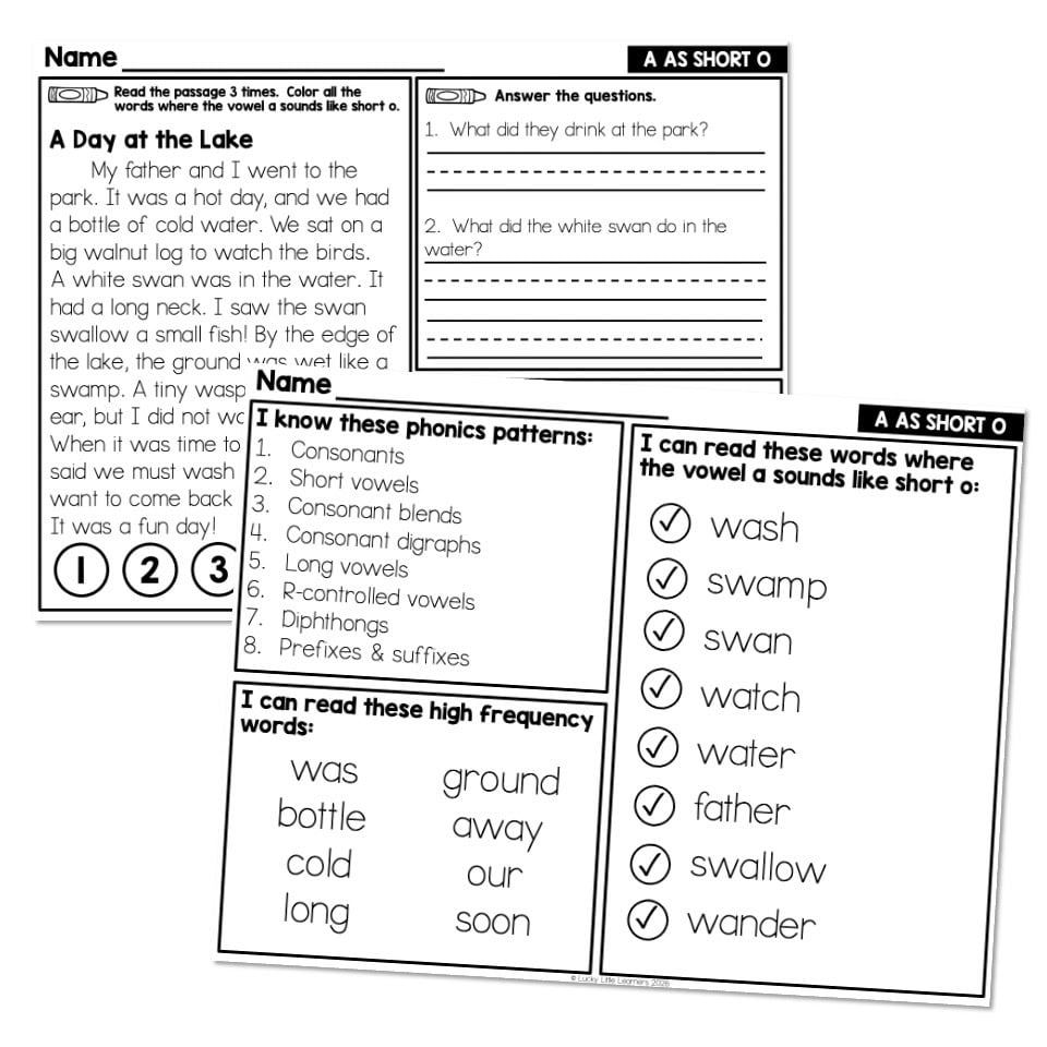 2nd Grade Decodable Phonics Passage - A as Short O - Lucky Little Learners