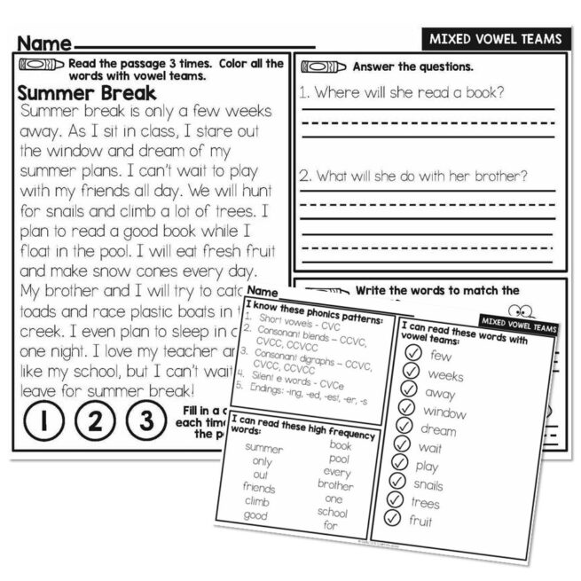 2nd Grade Decodable Phonics Passage - Mixed Vowel Teams - Lucky Little ...