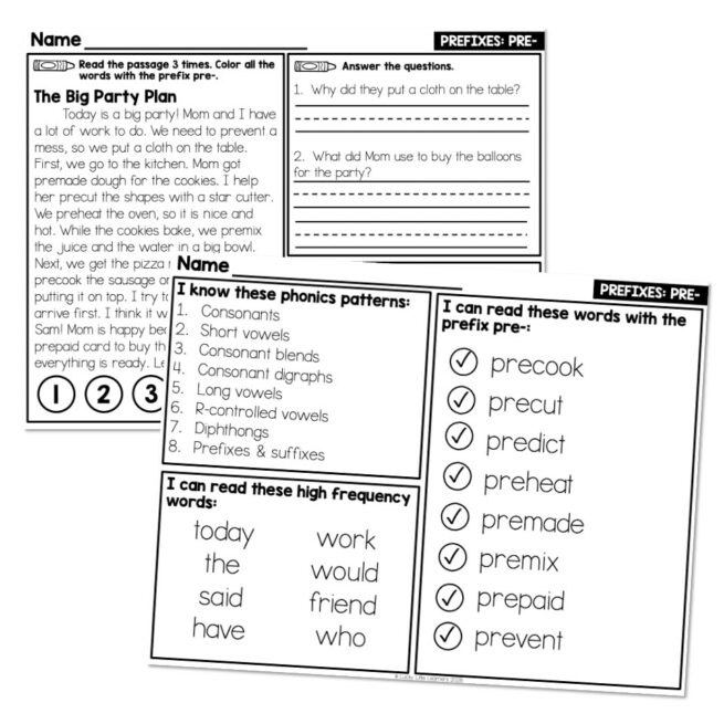 2nd Grade Decodable Phonics Passage - Prefixes - PRE - The Big Party ...